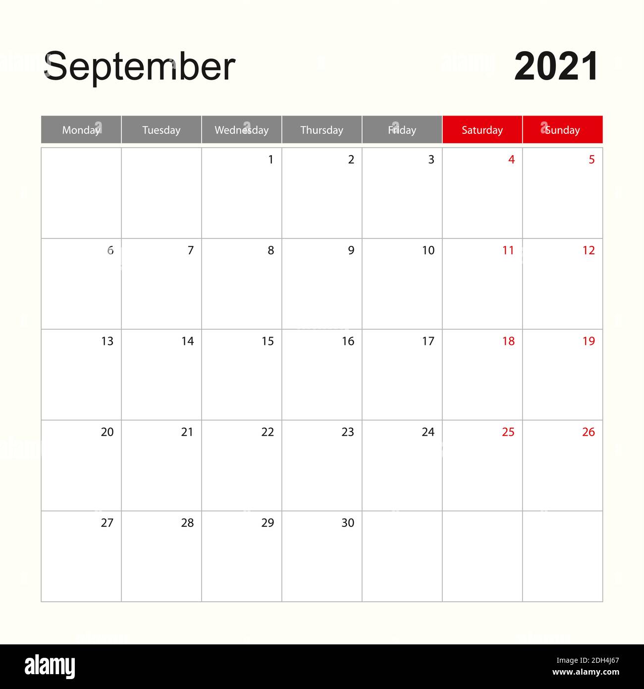 Wall calendar template for September 2021. Holiday and event planner ...