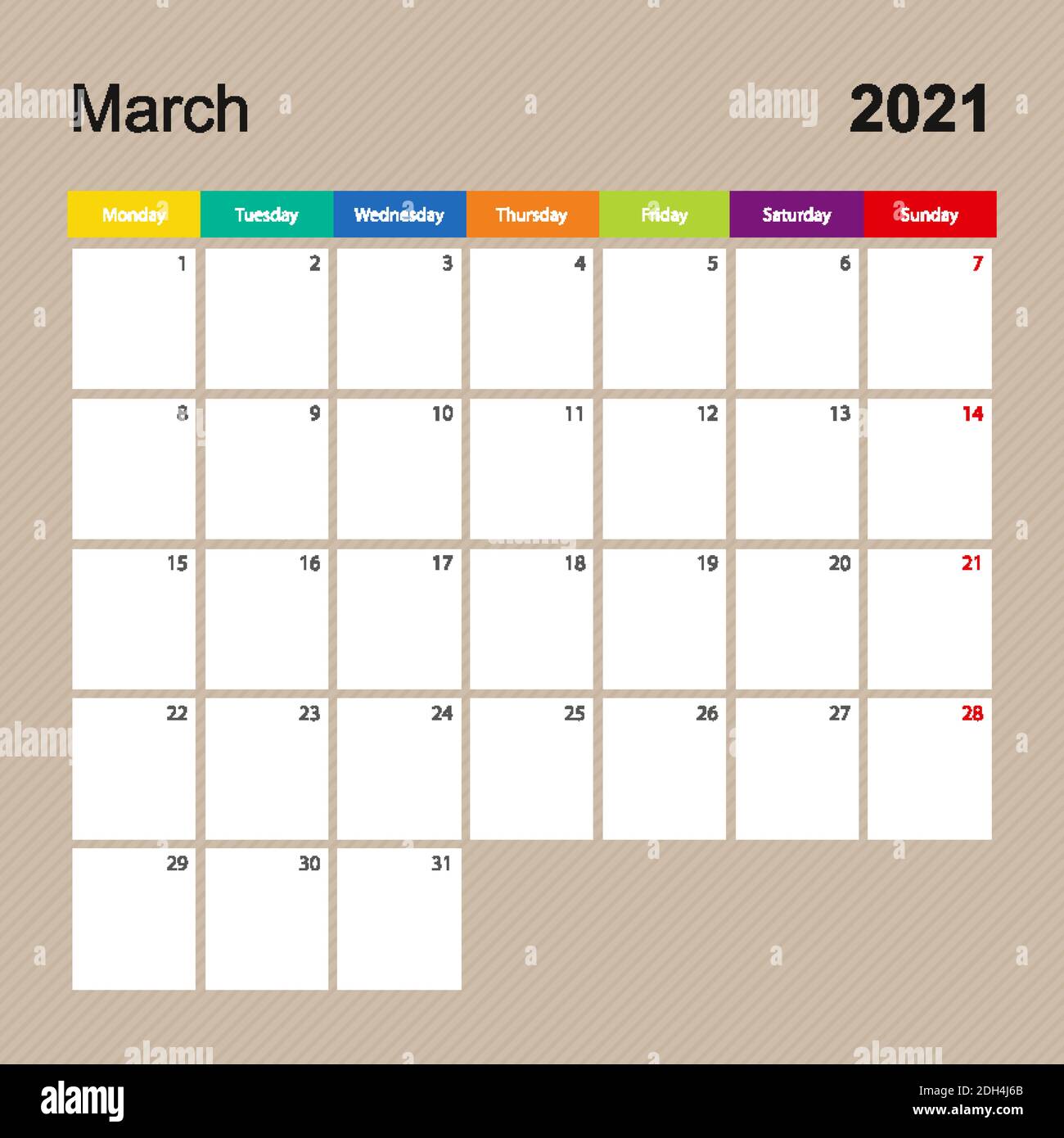 Сalendar page for March 2021, wall planner with colorful design. Week ...