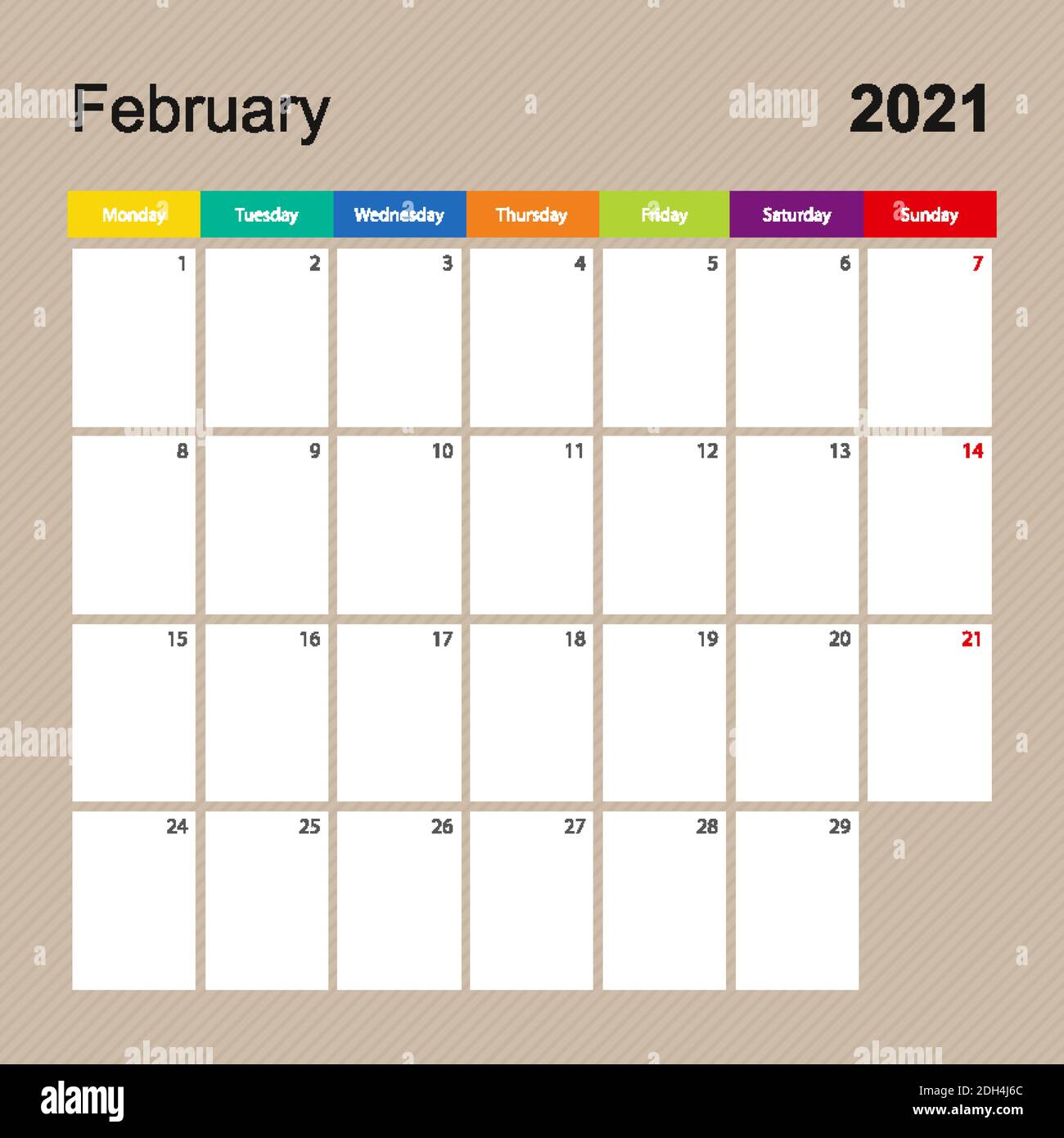 Сalendar page for February 2021, wall planner with colorful design ...