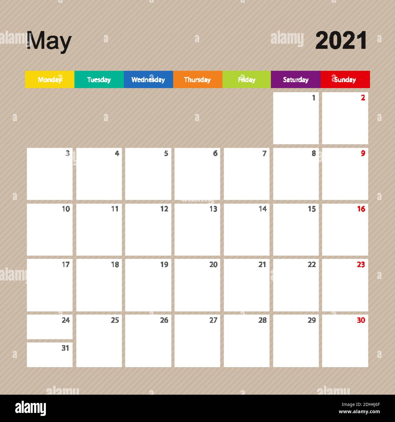 Сalendar page for May 2021, wall planner with colorful design. Week ...