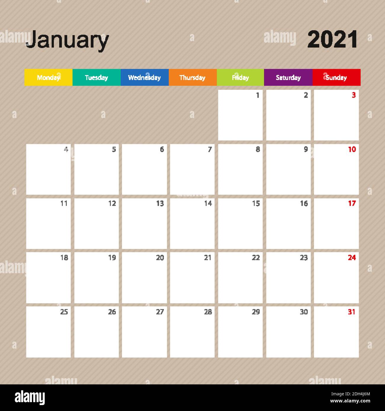 Сalendar page for January 2021, wall planner with colorful design. Week ...