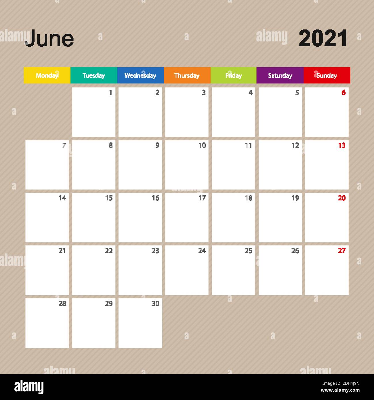Сalendar page for June 2021, wall planner with colorful design. Week ...