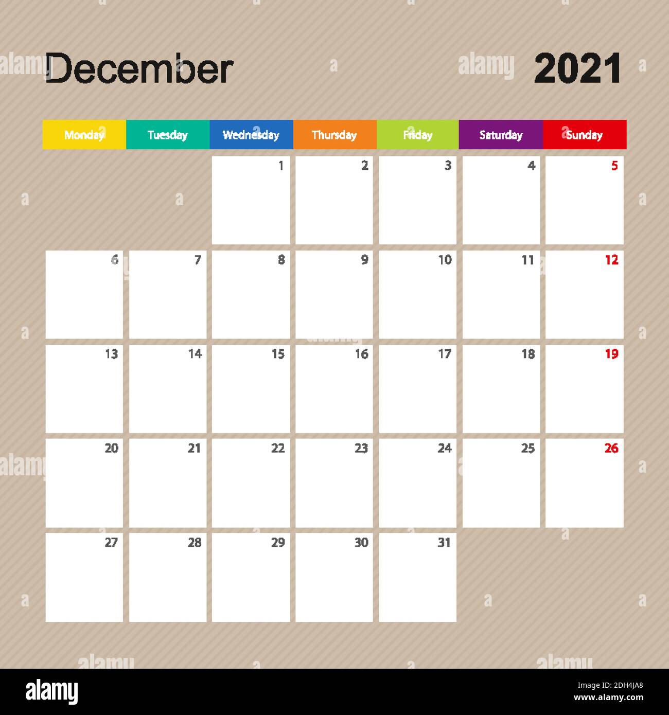 Сalendar page for December 2021, wall planner with colorful design ...