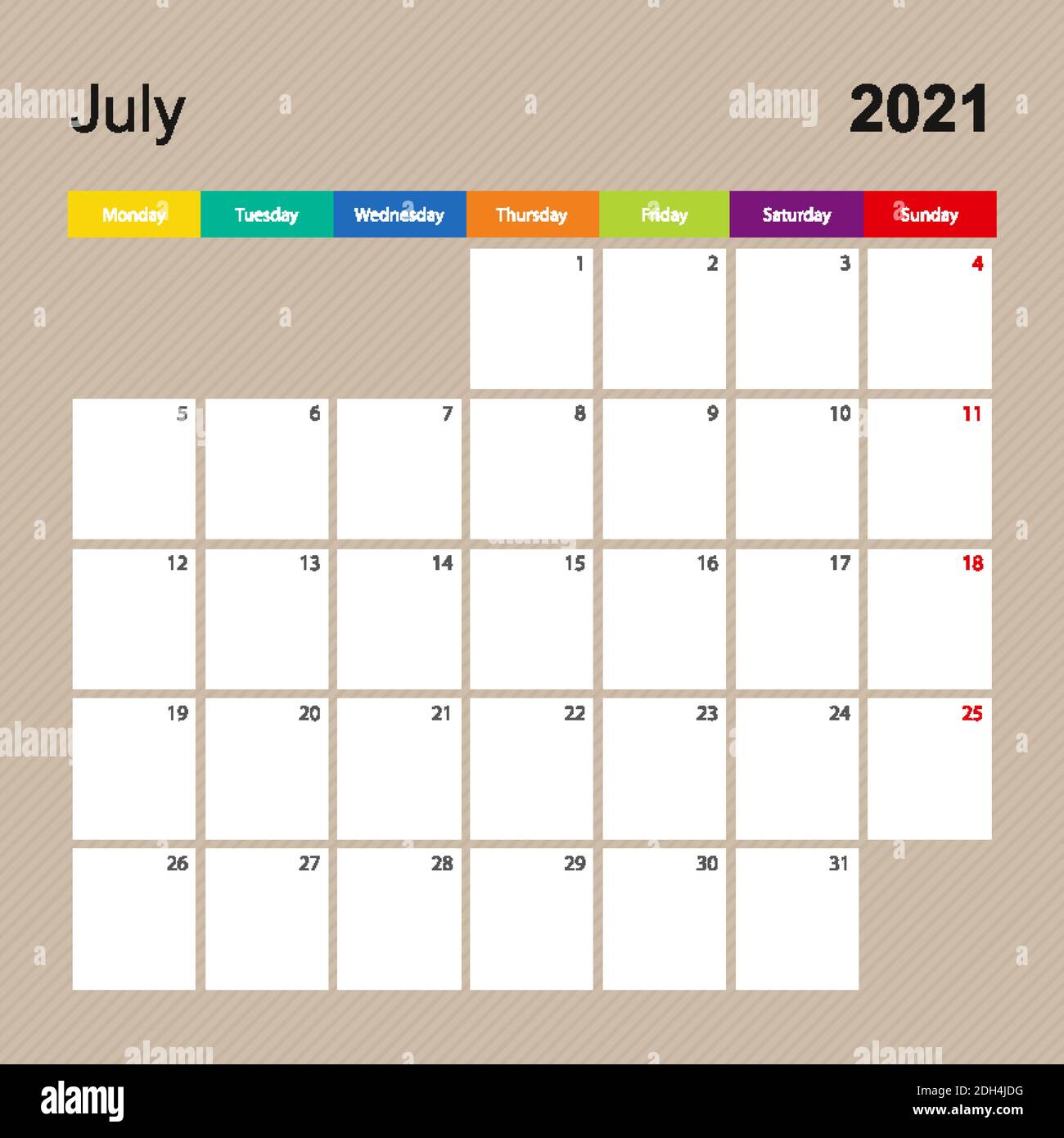 Сalendar page for July 2021, wall planner with colorful design. Week ...