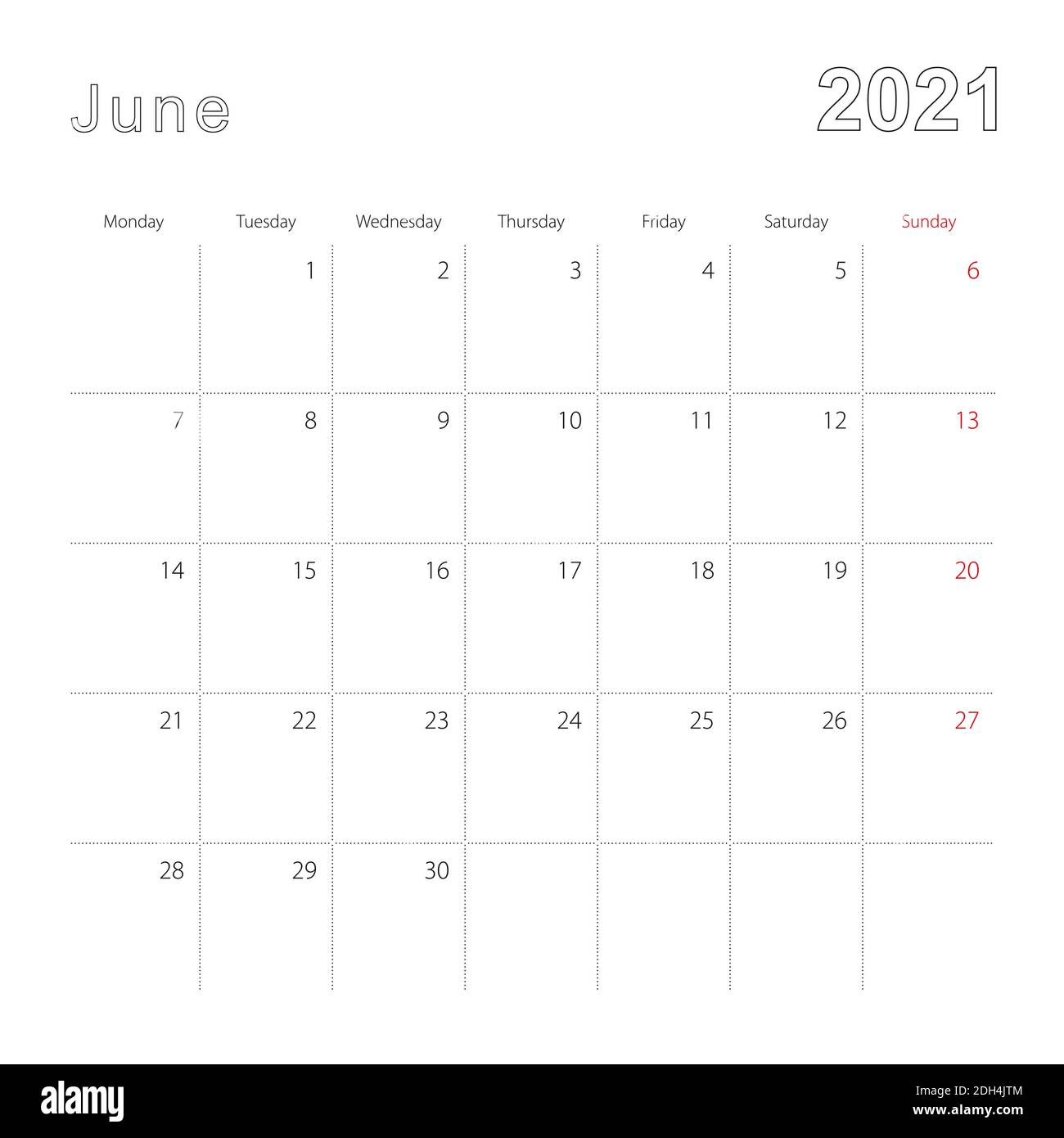 Simple wall calendar for June 2021 with dotted lines. The calendar is ...
