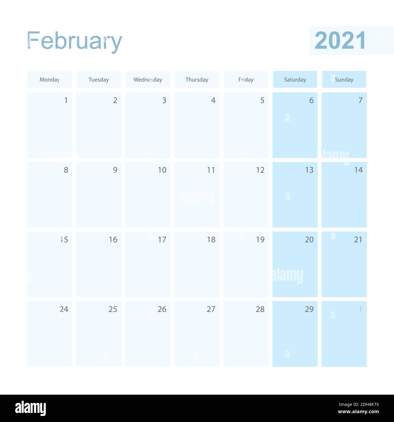 2021 February wall planner in blue pastel color, week starts on Monday ...