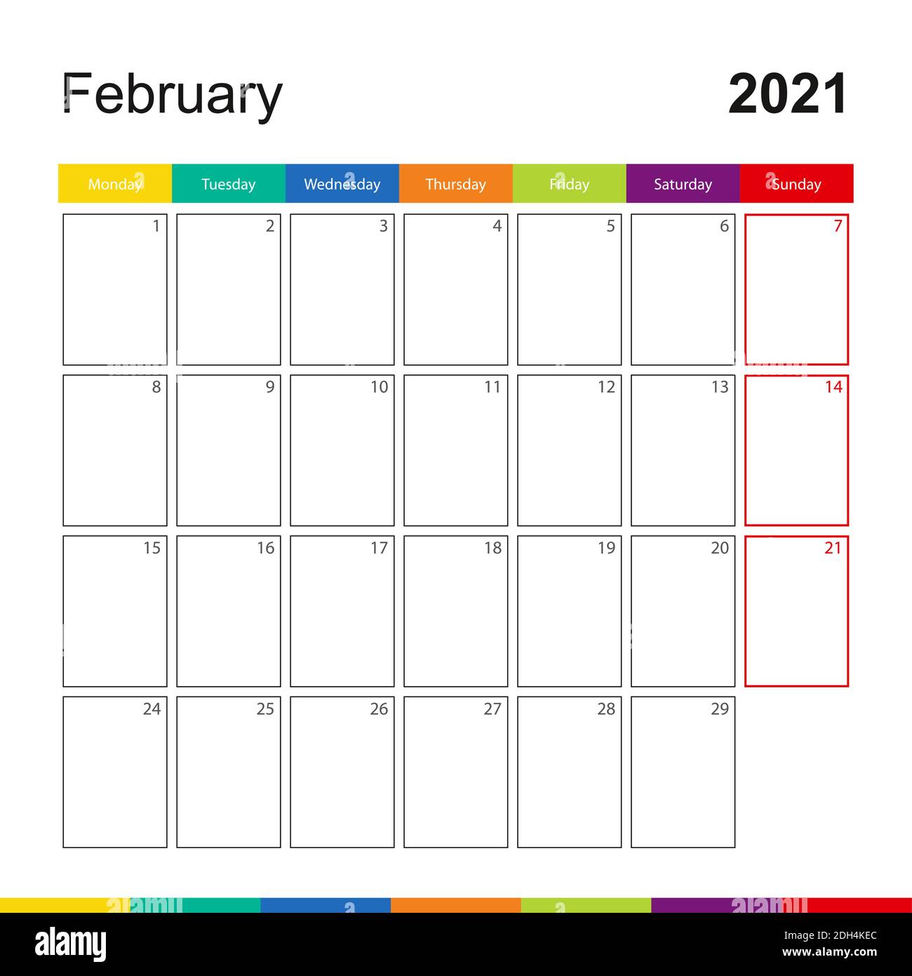 February 2021 colorful wall calendar, week starts on Monday. 2021 ...
