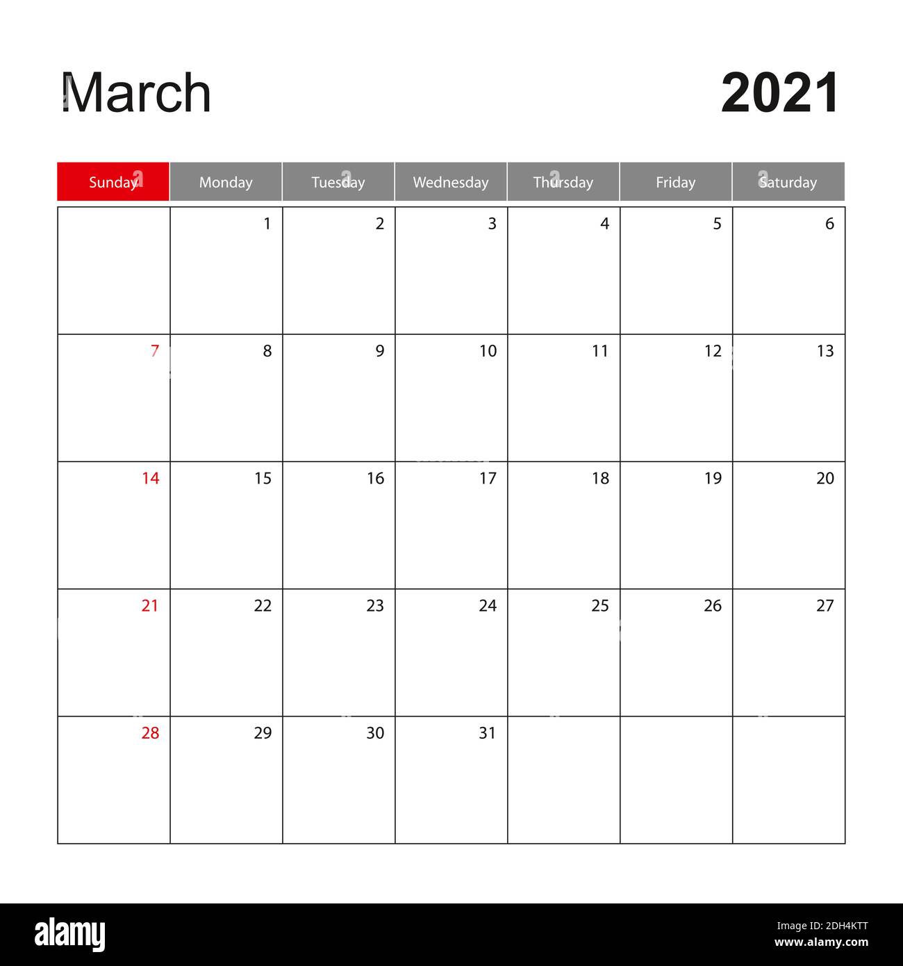 Wall calendar template for March 2021. Holiday and event planner, week ...