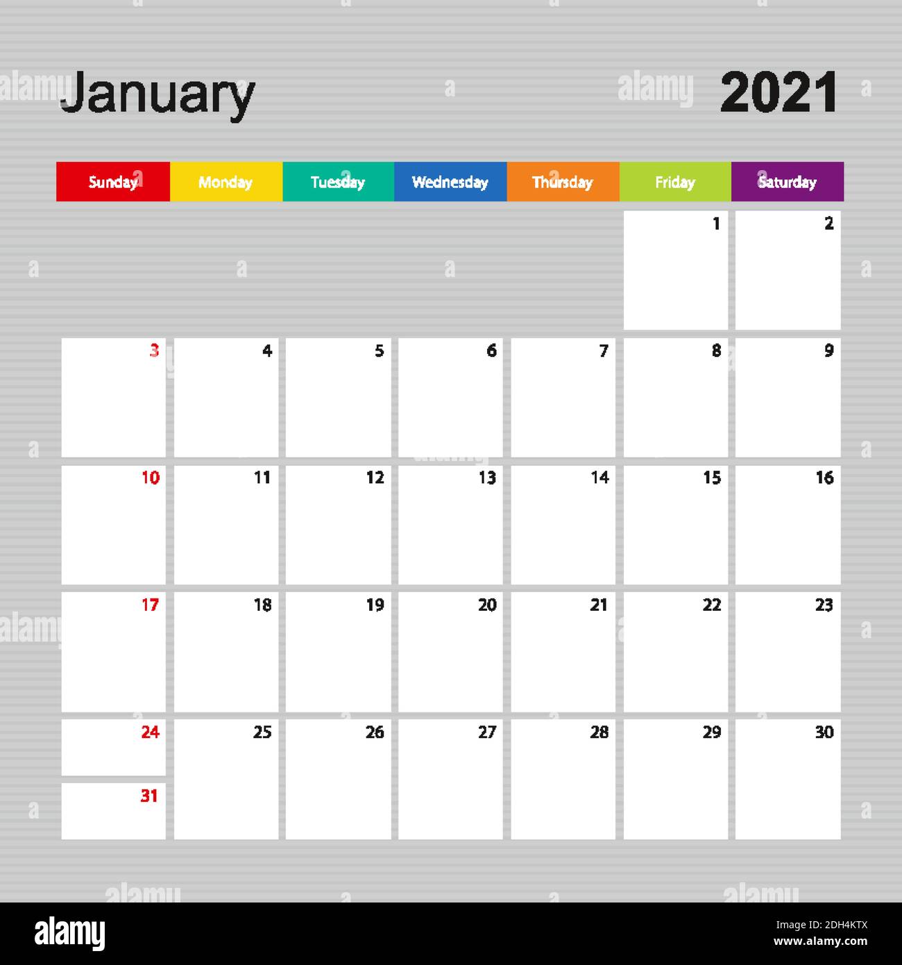 Сalendar page for January 2021, wall planner with colorful design. Week ...