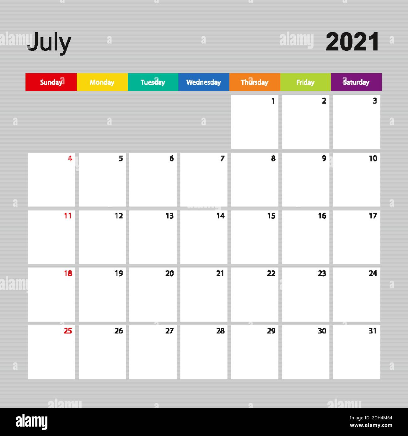 Сalendar page for July 2021, wall planner with colorful design. Week ...