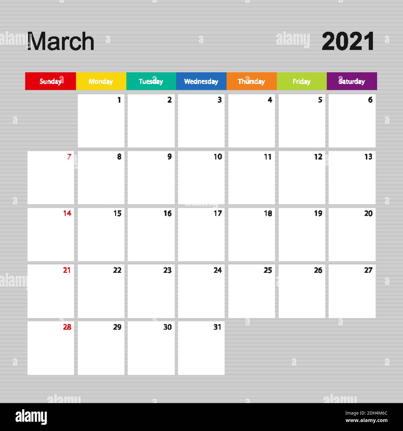 Сalendar page for March 2021, wall planner with colorful design. Week ...