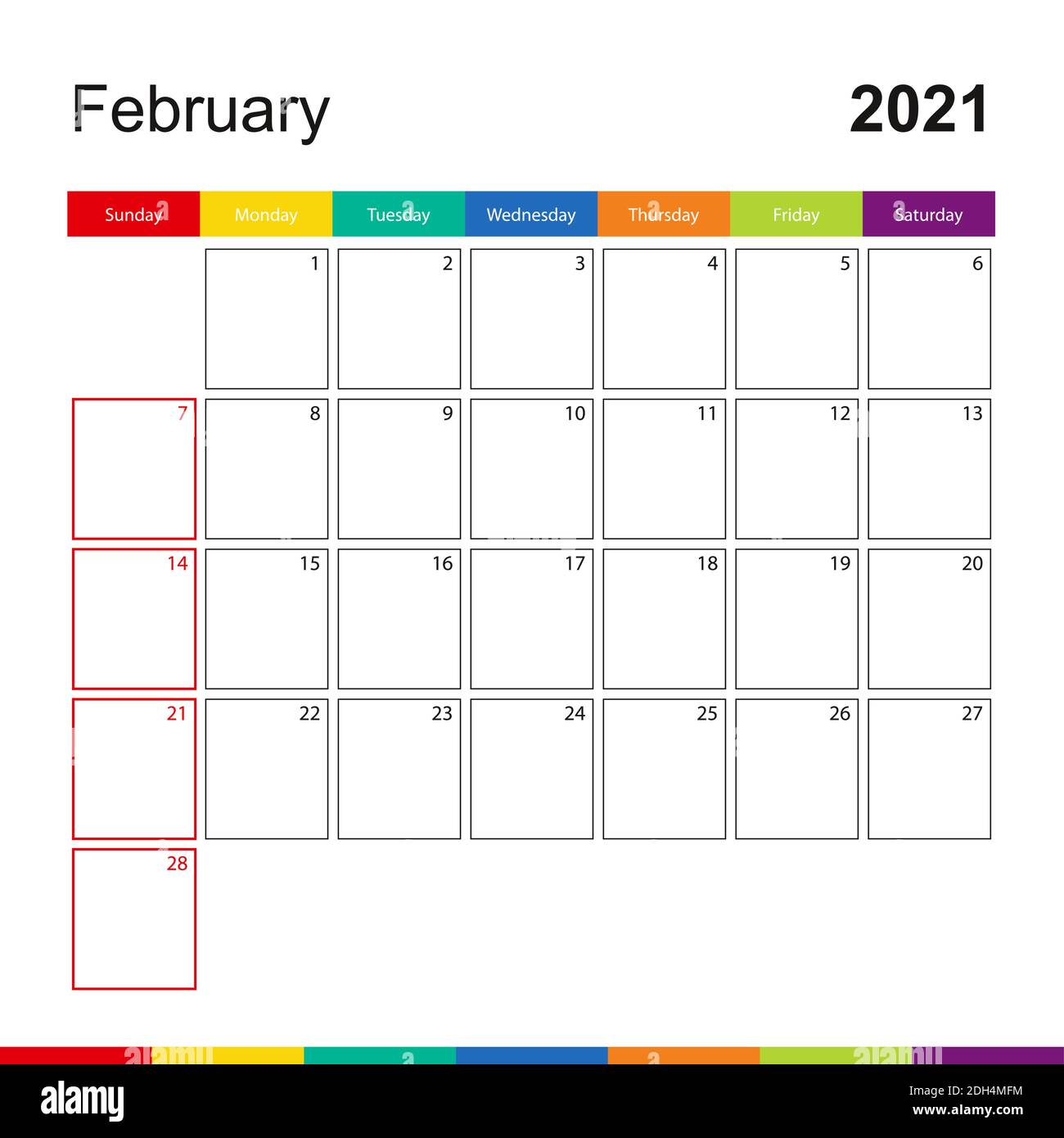 February 2021 colorful wall calendar, week starts on Sunday. 2021 ...