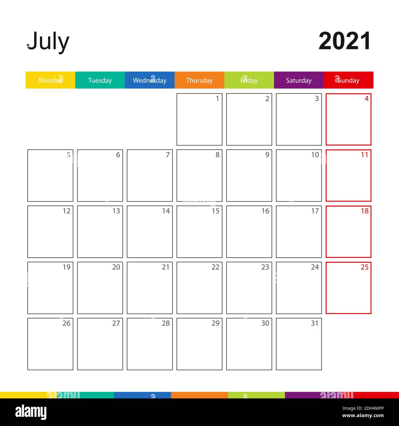 July 2021 colorful wall calendar, week starts on Monday. 2021 Calendar ...