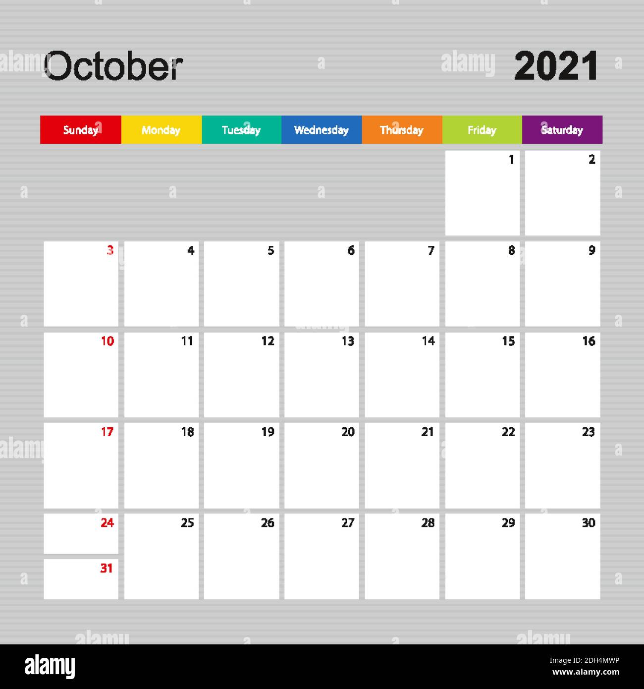 Сalendar page for October 2021, wall planner with colorful design. Week ...