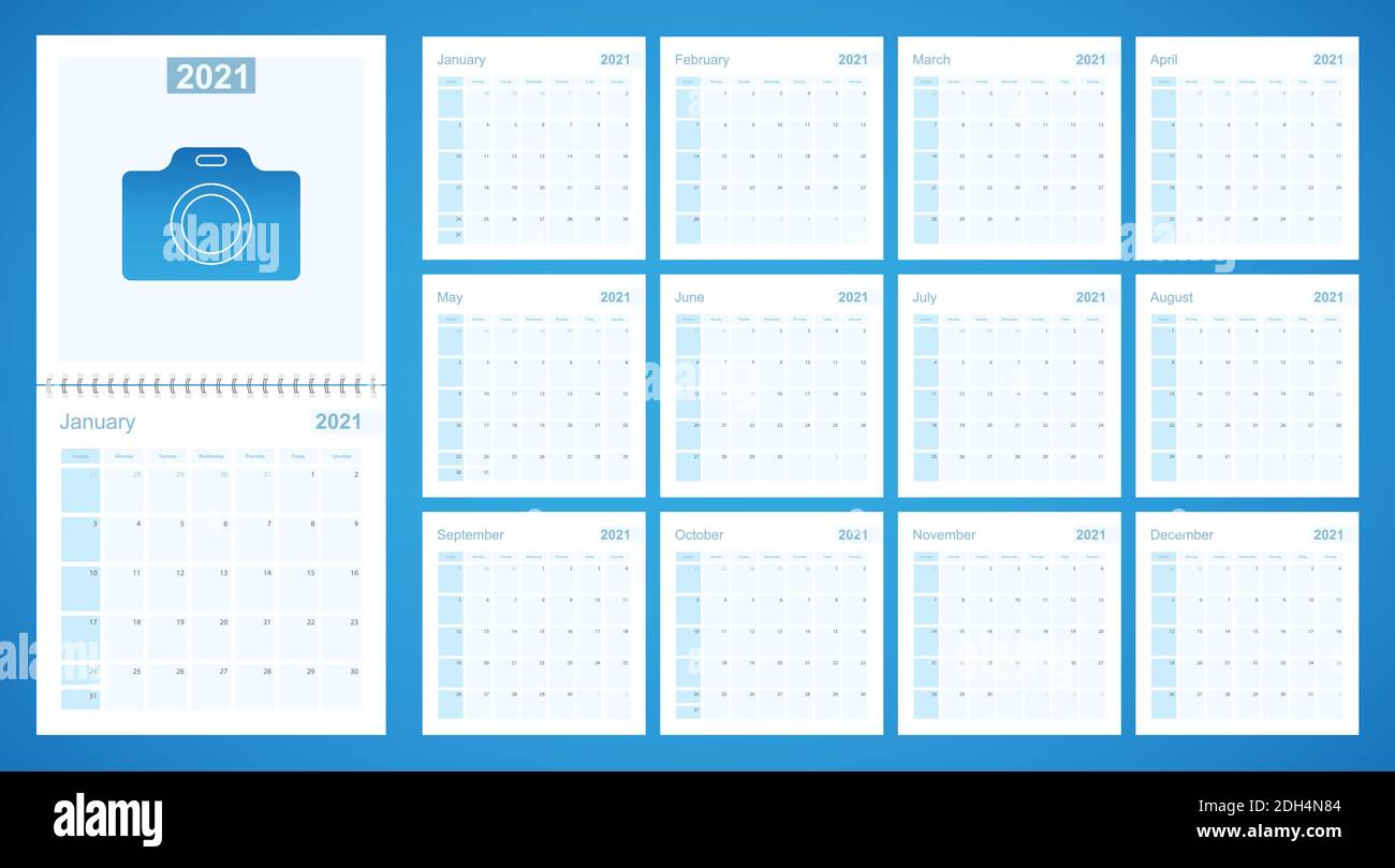2021 wall planner in blue color, week starts on Sunday. Calendar with ...