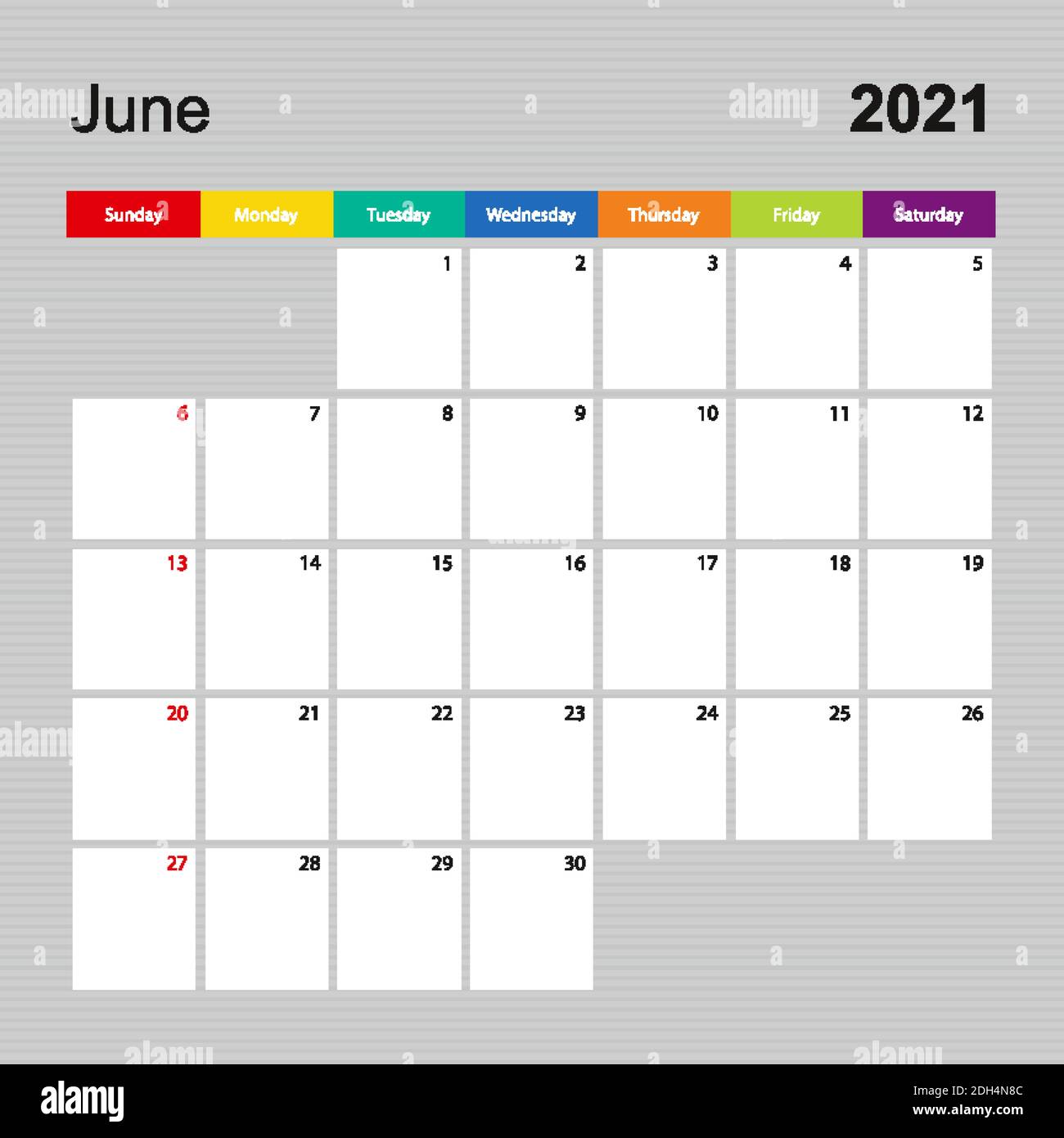 Сalendar page for June 2021, wall planner with colorful design. Week ...