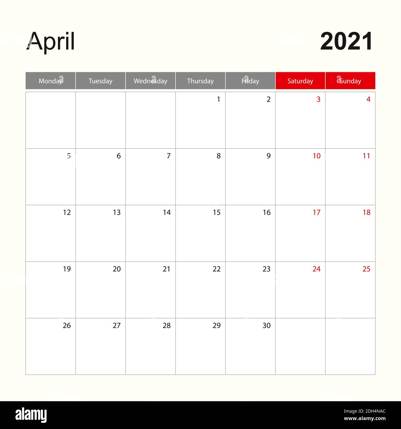Wall calendar template for April 2021. Holiday and event planner, week ...