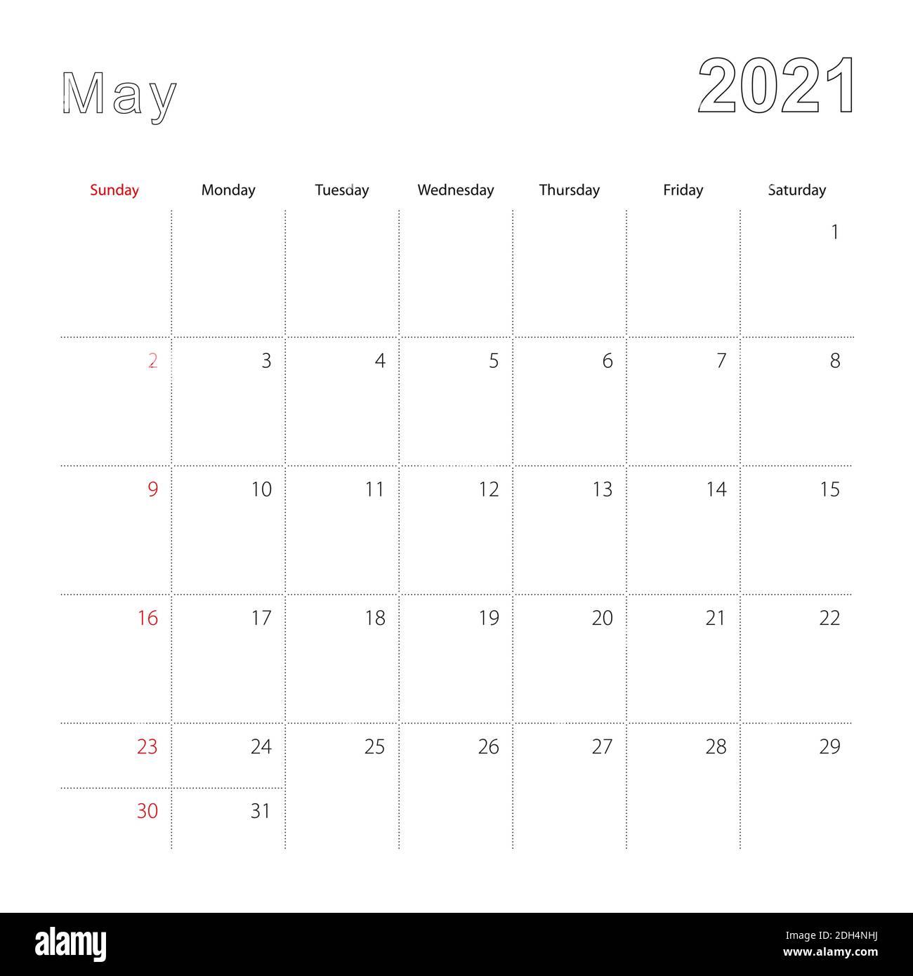 Simple wall calendar for May 2021 with dotted lines. The calendar is in ...