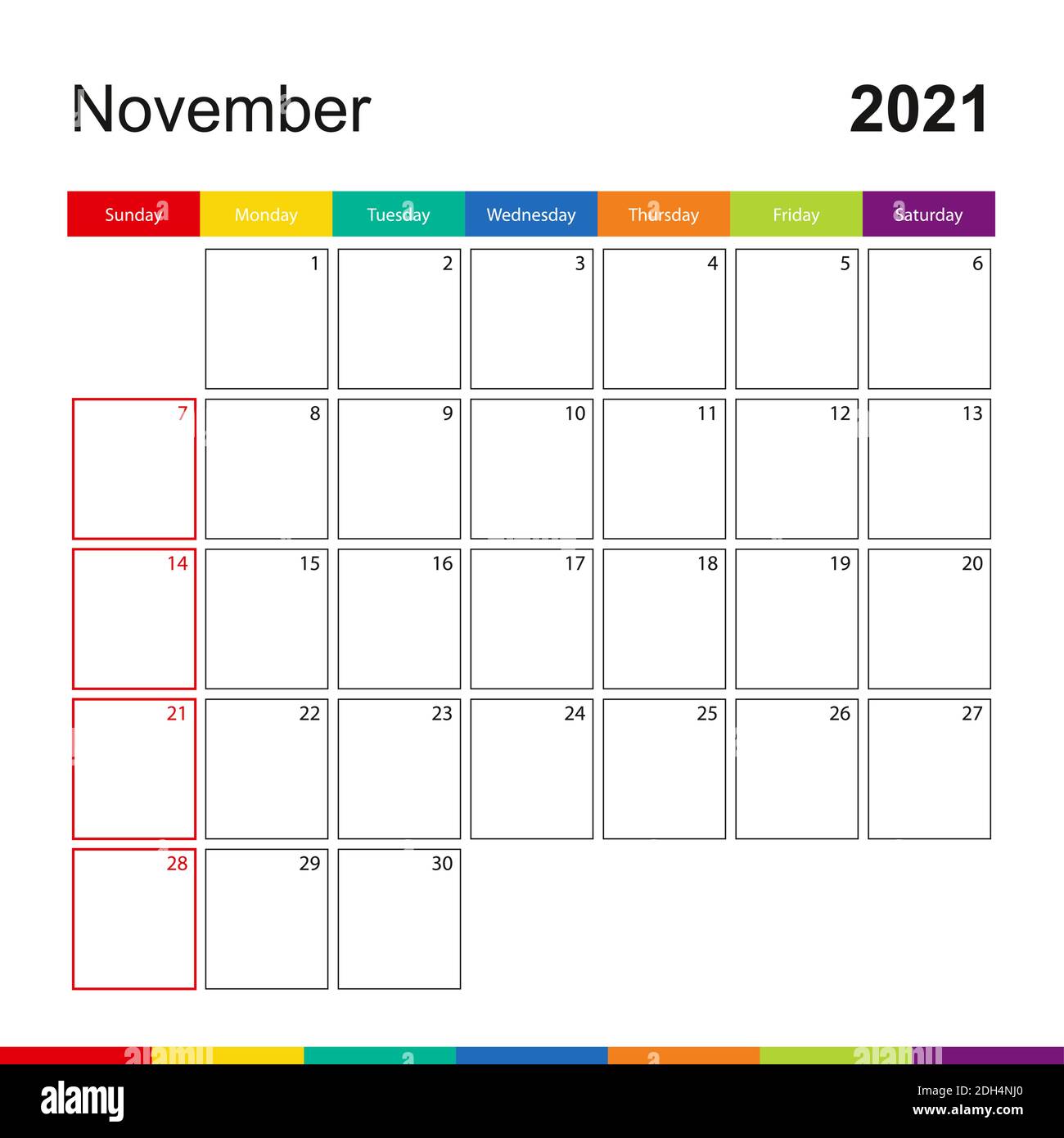 November 2021 colorful wall calendar, week starts on Sunday. 2021 ...