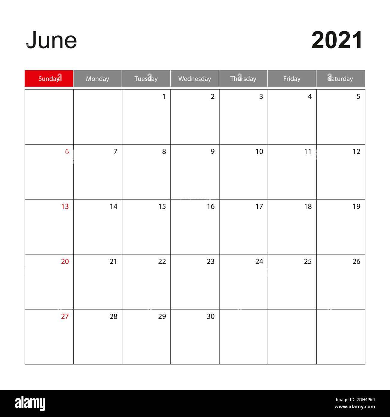 Wall calendar template for June 2021. Holiday and event planner, week ...