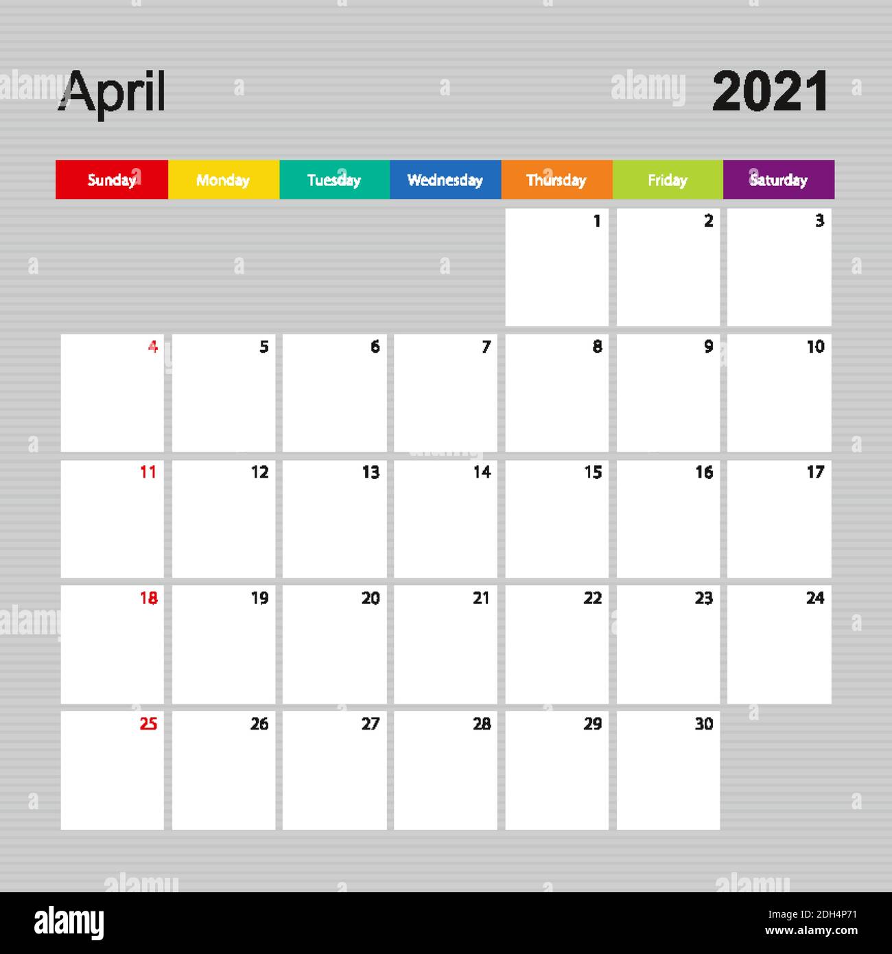 Сalendar page for April 2021, wall planner with colorful design. Week ...