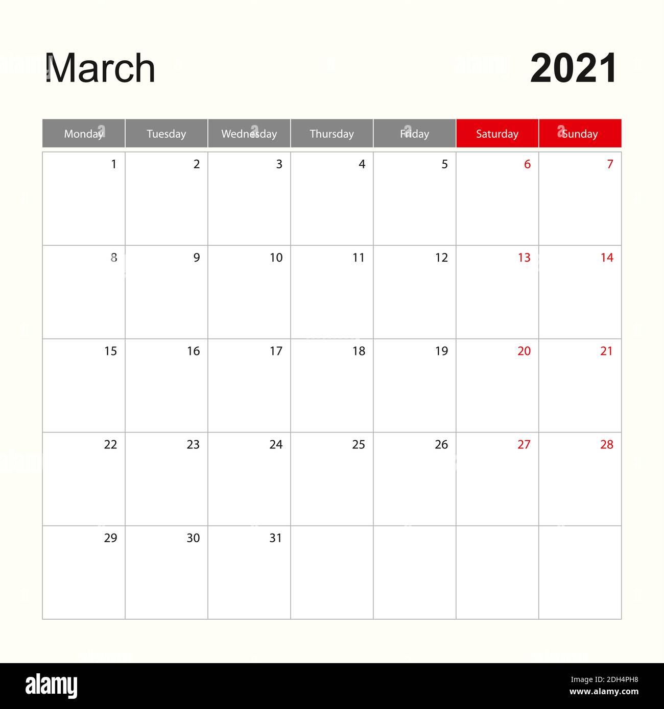 Wall calendar template for March 2021. Holiday and event planner, week ...