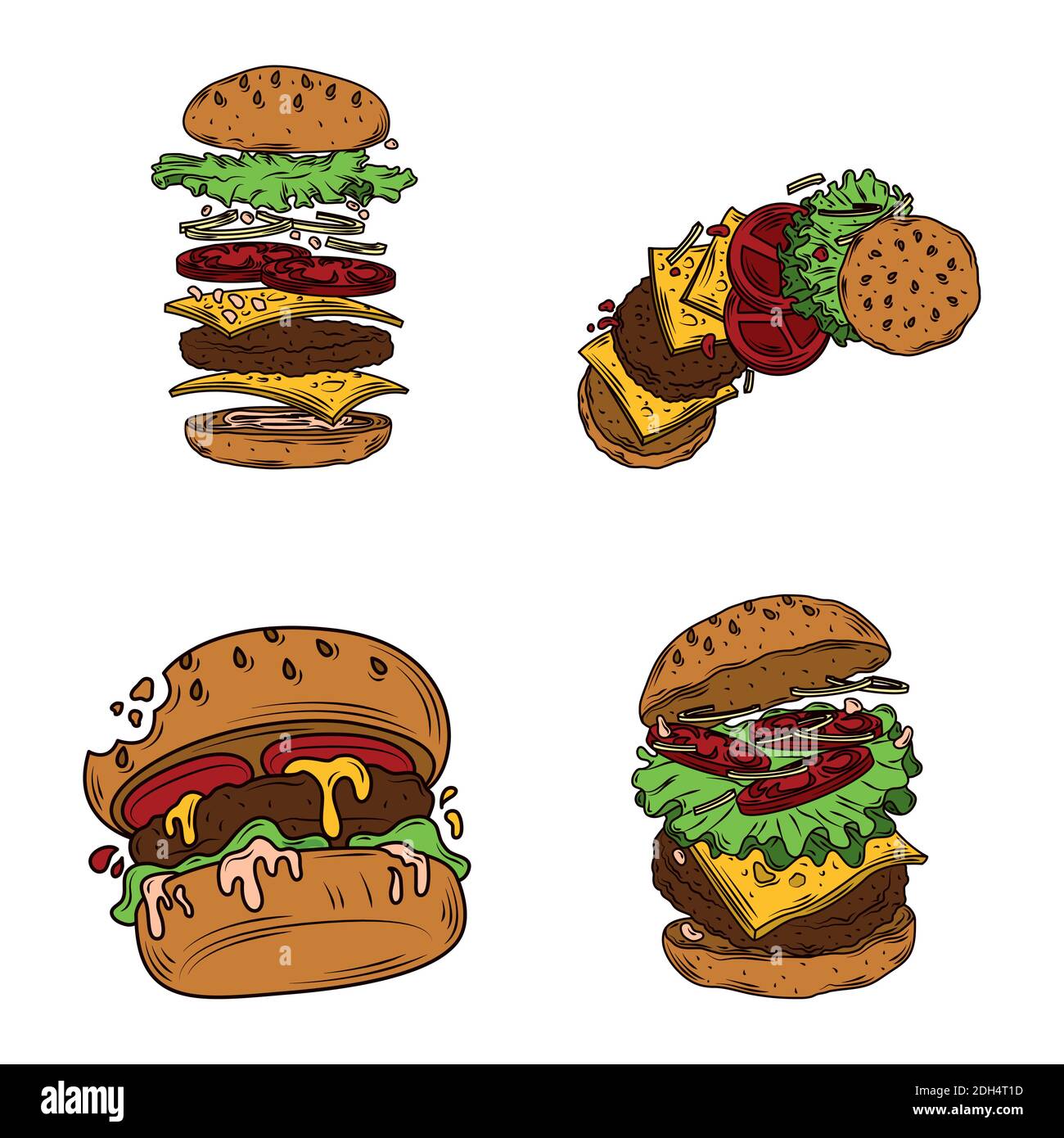 burger fast food icons set with hambuerger layers, bitten burger and ...