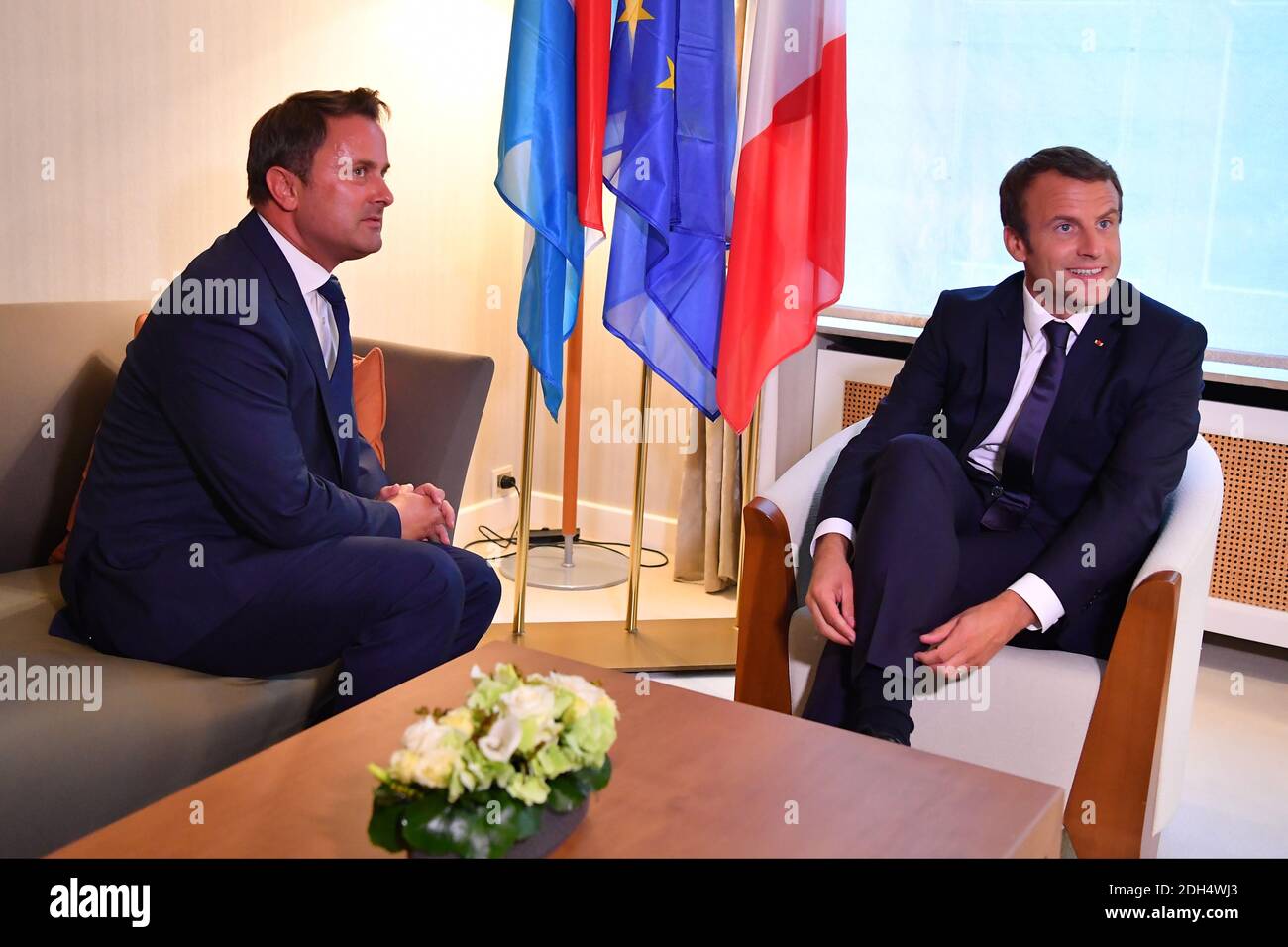 French President Emmanuel Macron during a meeting with Luxembourg Prime ...