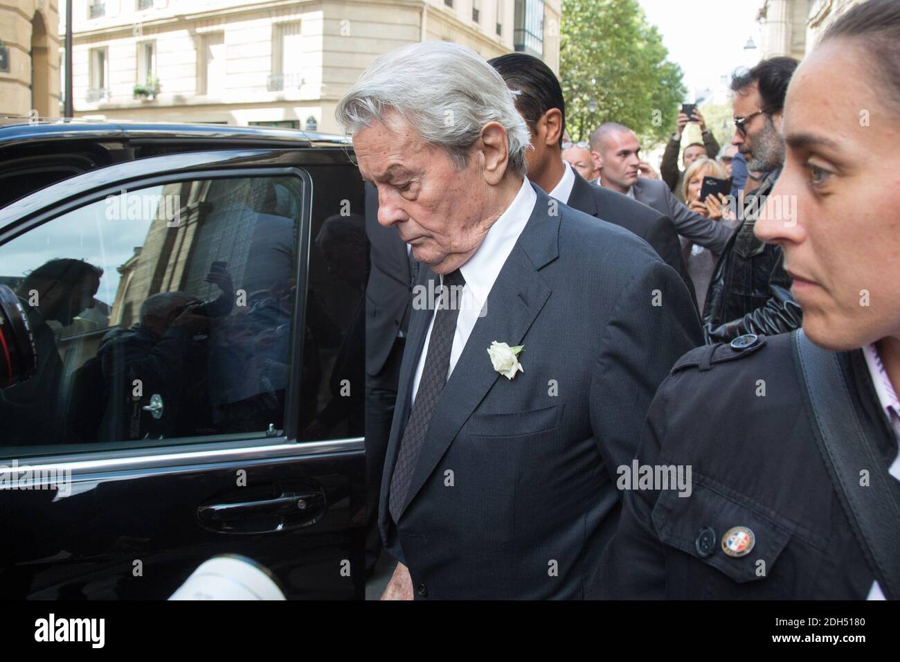 Alain Delon leaving the funerals of the actress Mireille D'arc at Saint ...