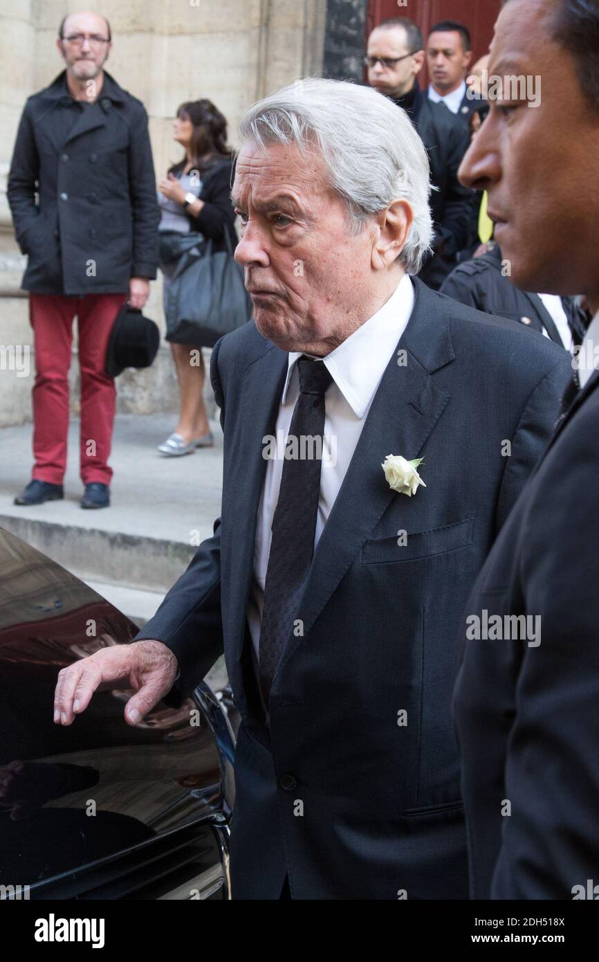 Alain Delon leaving the funerals of the actress Mireille D'arc at Saint ...