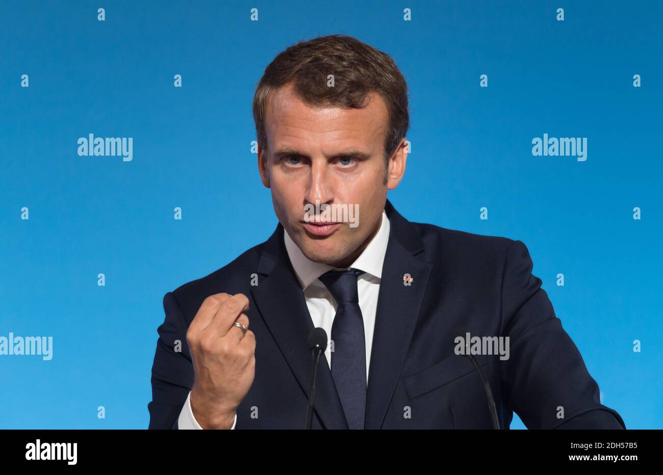 French President Emmanuel Macron delivers a speech at the Elysee Palace ...