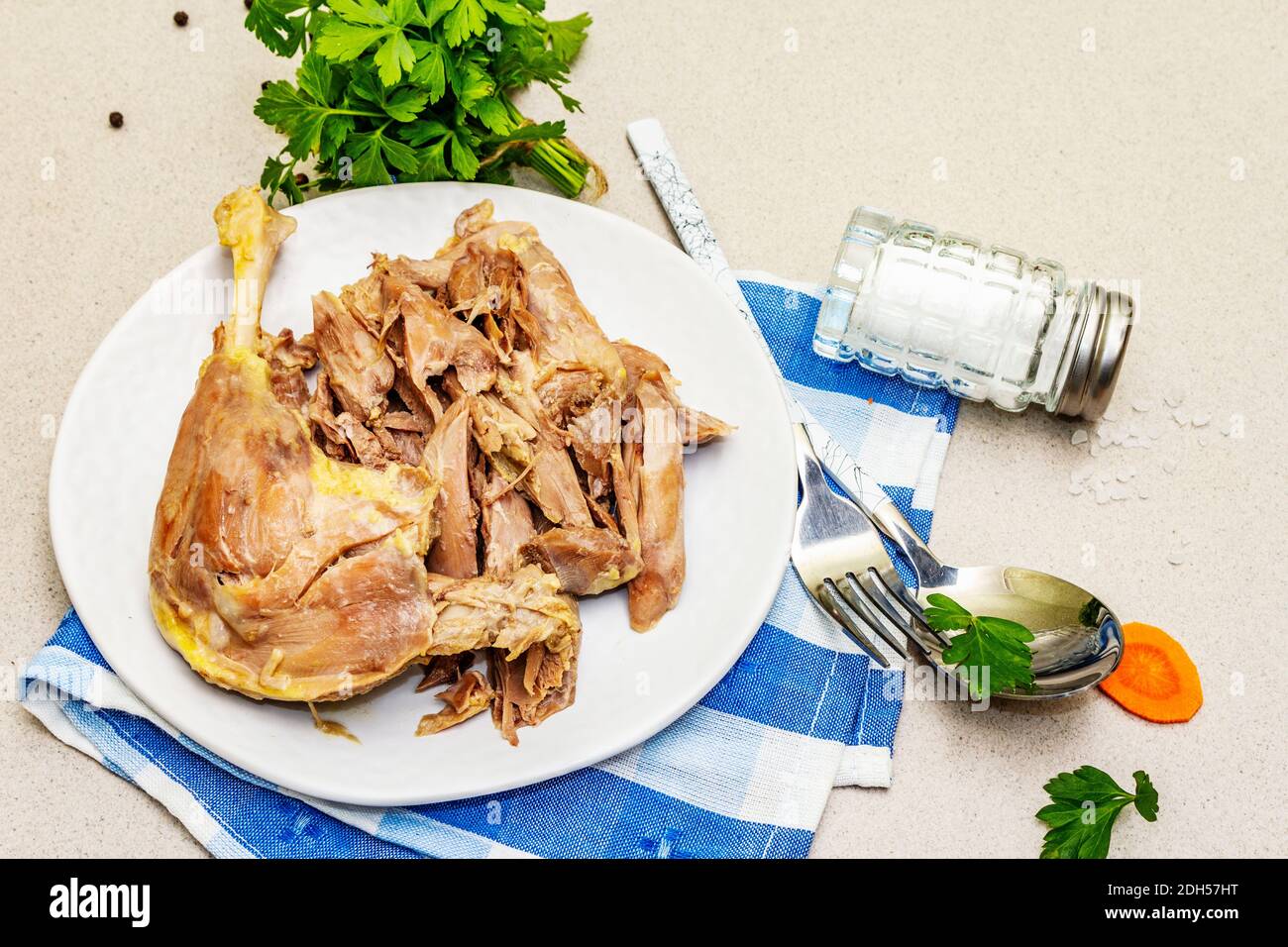 Boiled chicken meat with carrot and parsley. Low fat animal protein ...