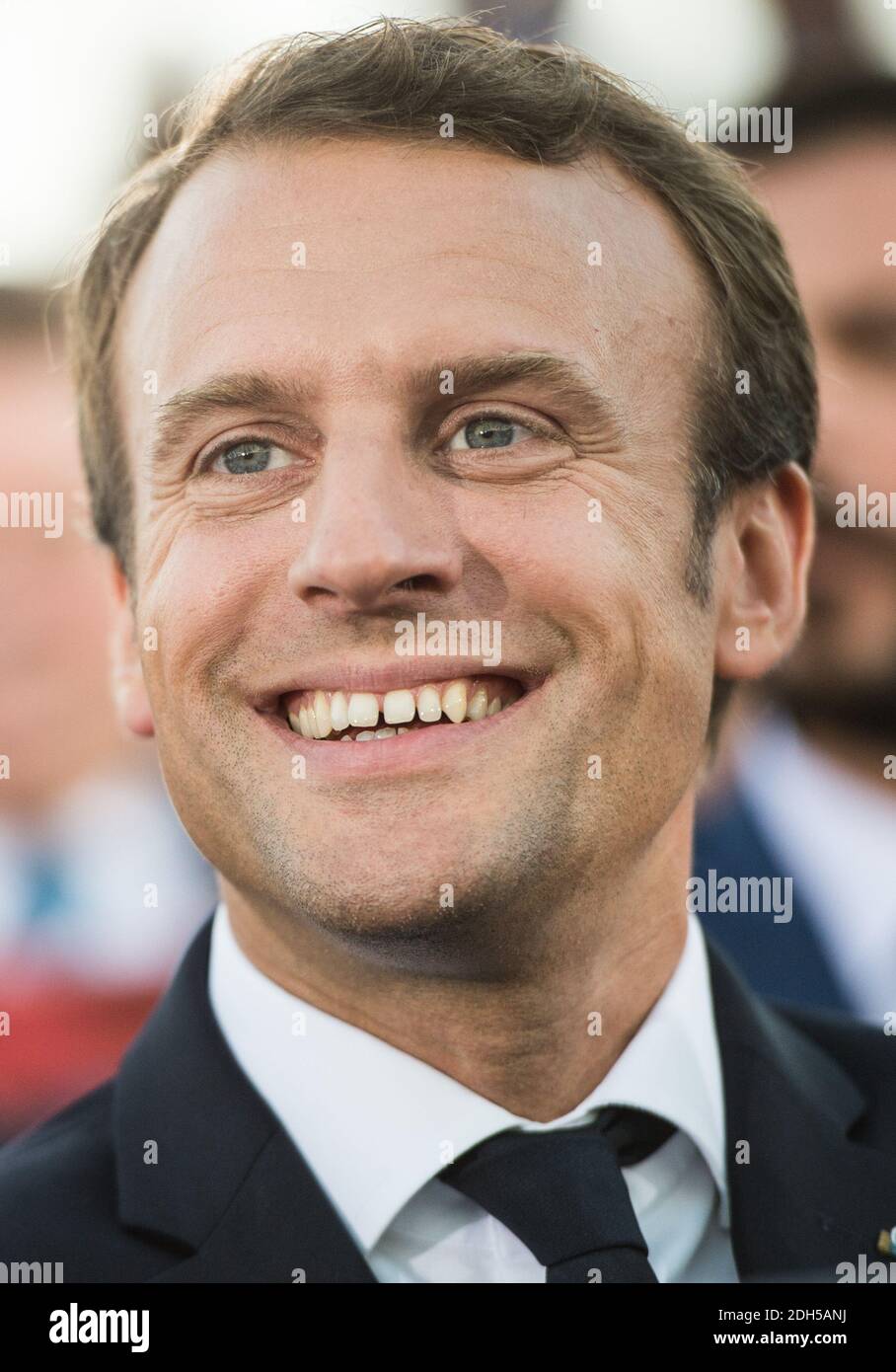 French president Emmanuel Macron smile during a speech at the Pnyx in ...