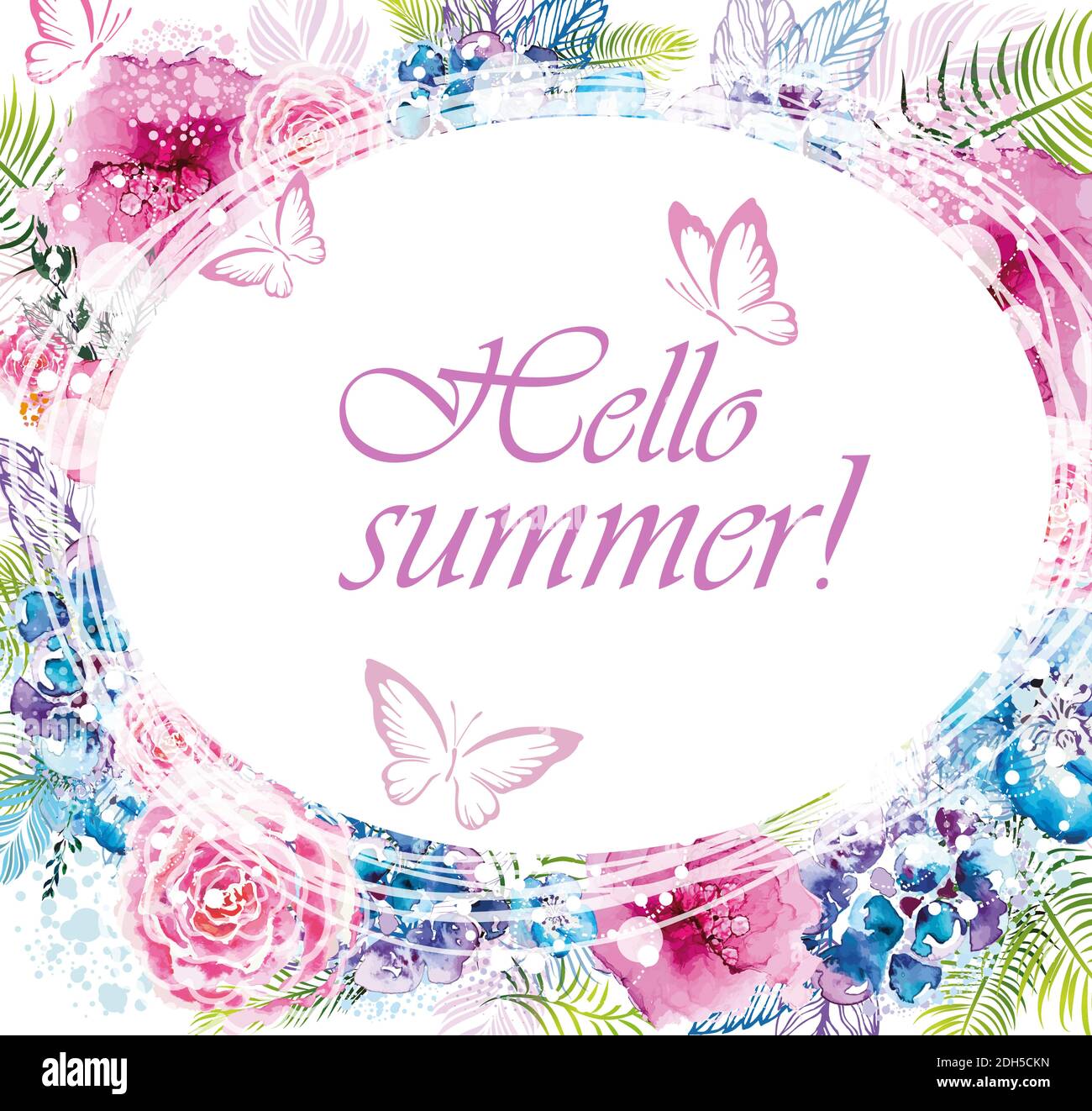 Watercolor floral frame. Hello summer. Greeting card. Vector illustration Stock Vector Image ...