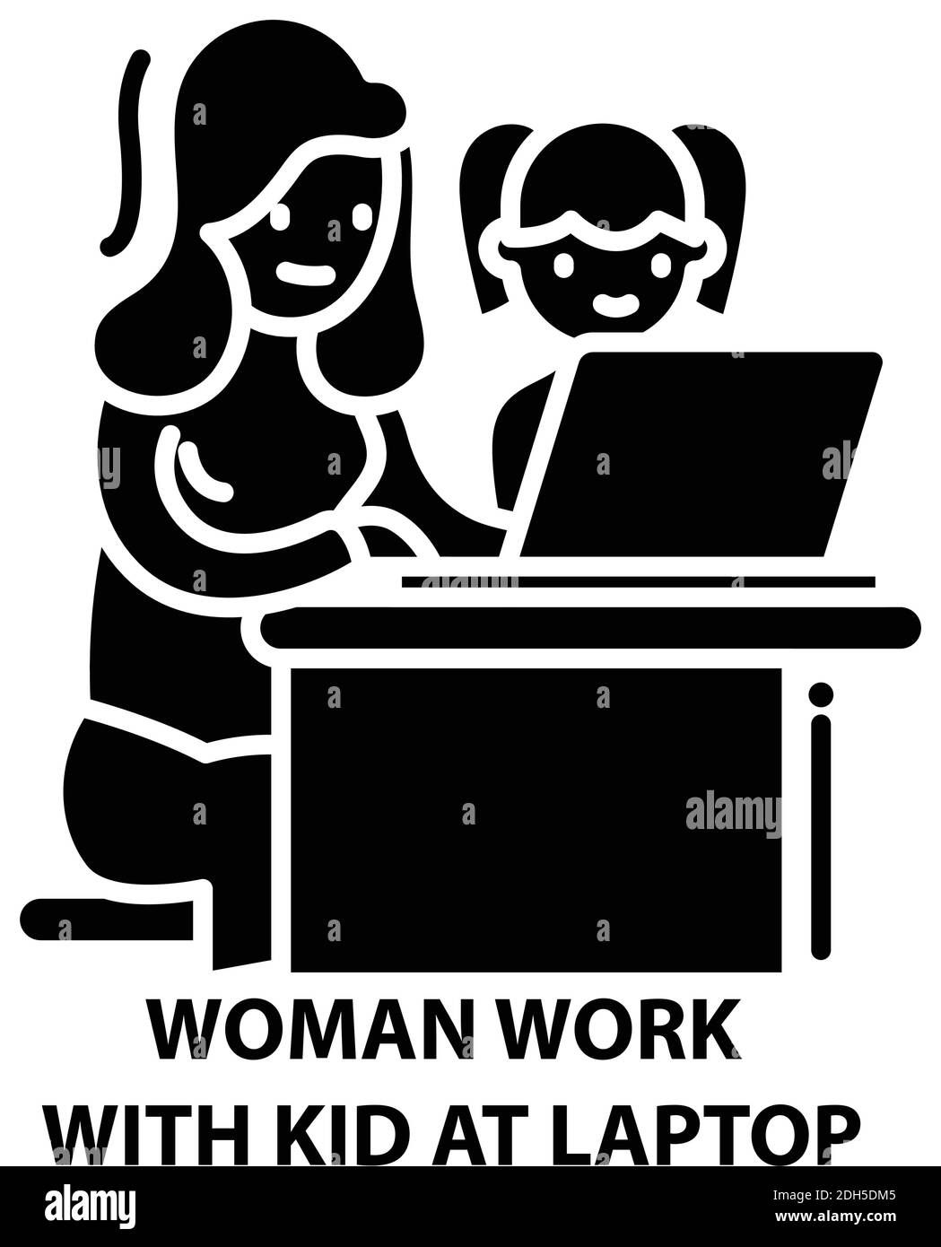 woman work with kid at laptop icon, black vector sign with editable ...