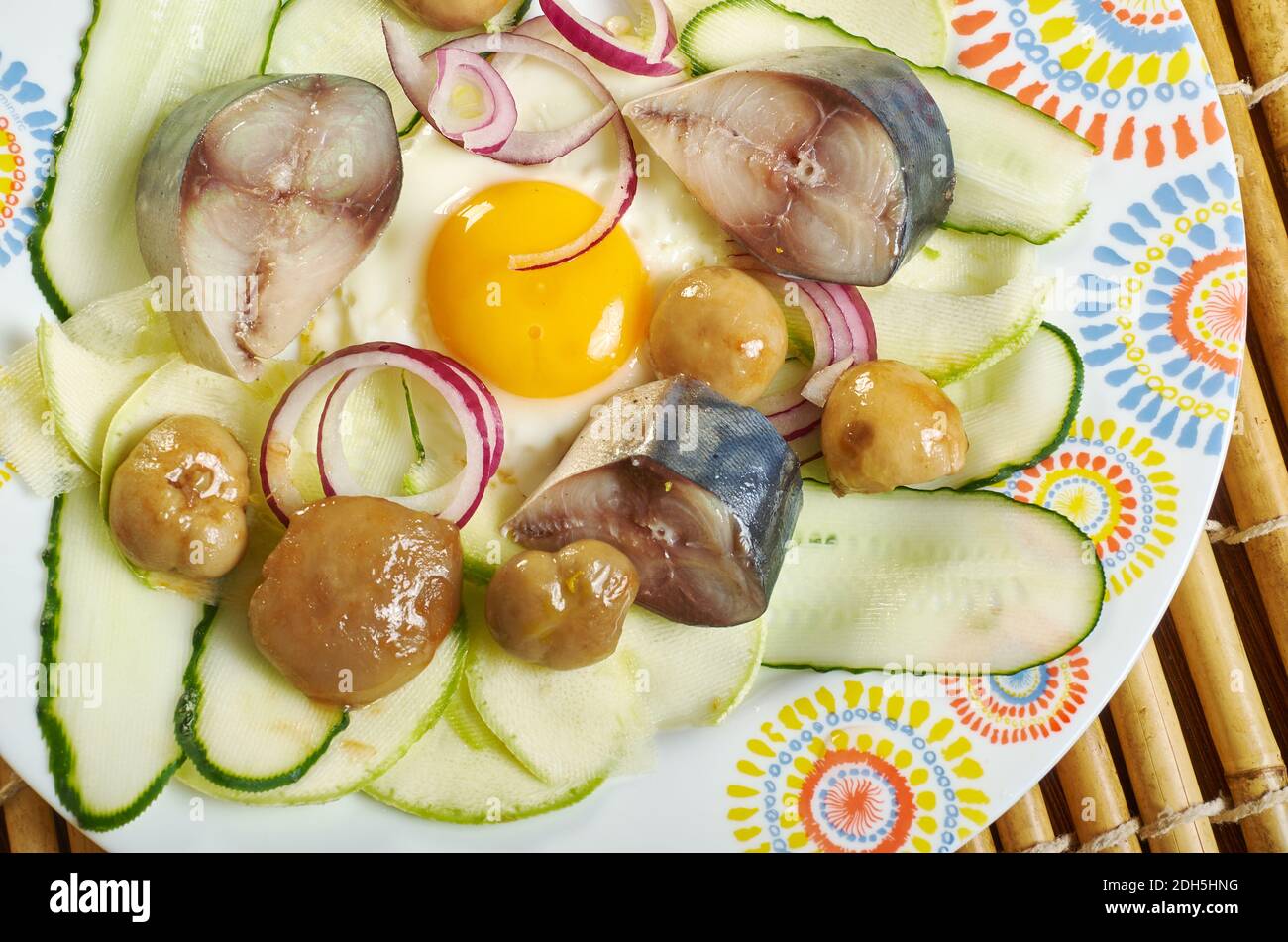 Smoked mackerel, courgette Mushroom salad Stock Photo - Alamy