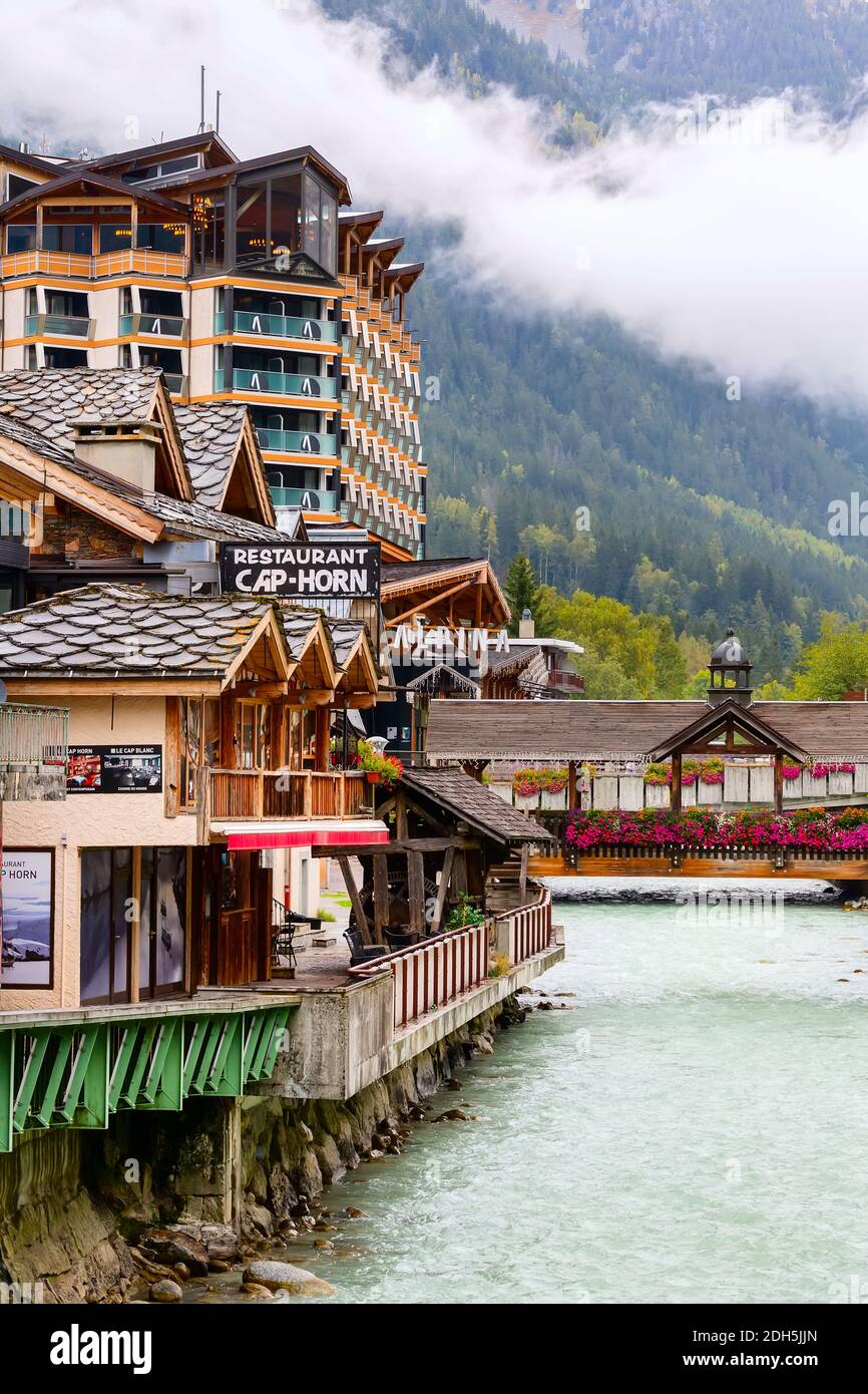 Street and wooden bridge in Chamonix town, France Stock Photo - Alamy