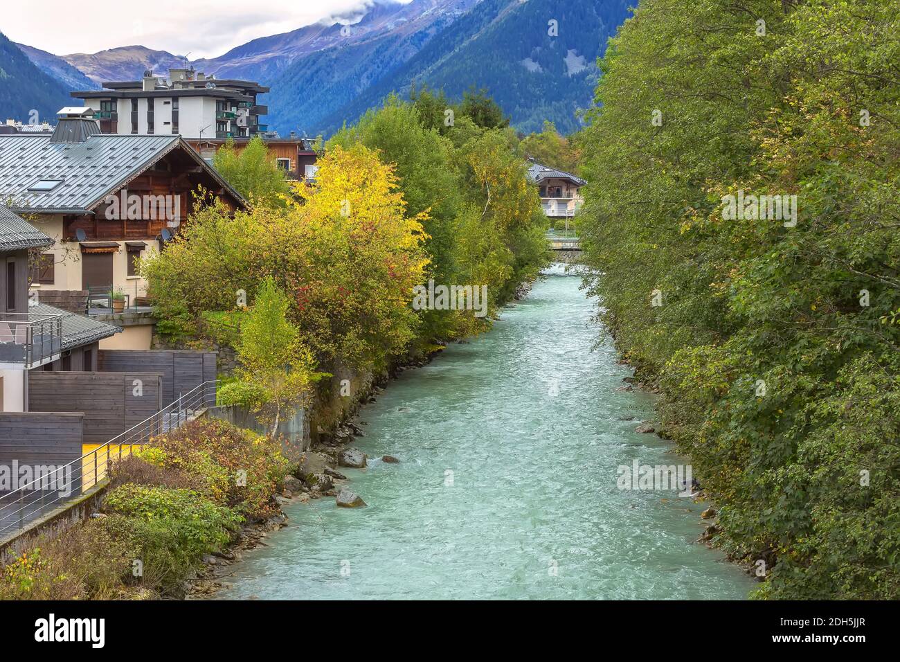 River and houses, in Chamonix, France Stock Photo - Alamy