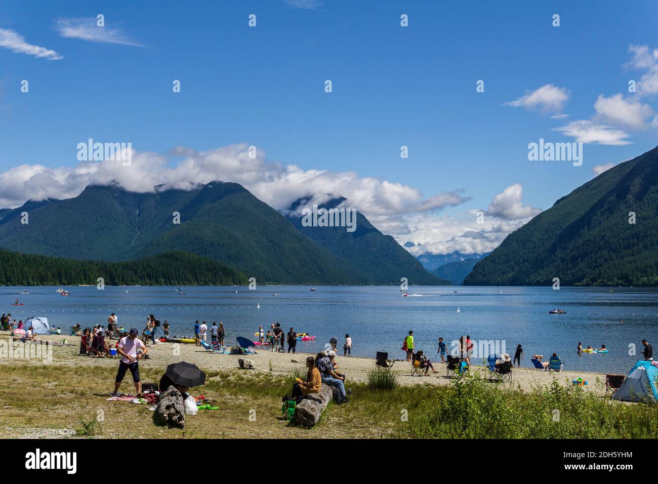 MAPLE RIDGE, CANADA - JUNE 28, 2020: Beach full of people against the ...