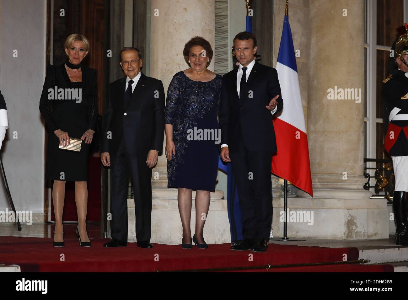 French President Emmanuel Macron and his wife Brigitte greet Lebanon's ...