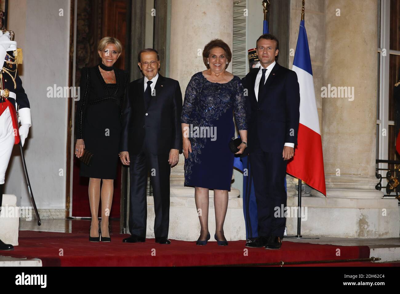 French President Emmanuel Macron and his wife Brigitte greet Lebanon's ...