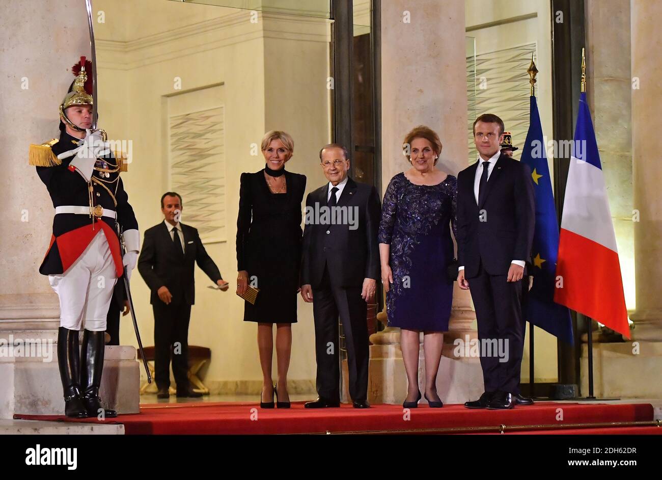 President Emmanuel Macron and wife Brigitte greet Lebanese president ...