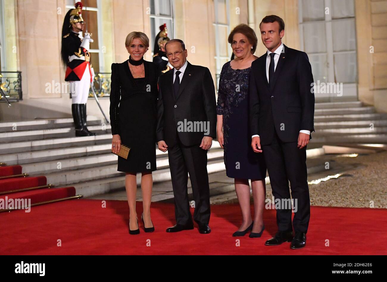 President Emmanuel Macron and wife Brigitte greet Lebanese president ...