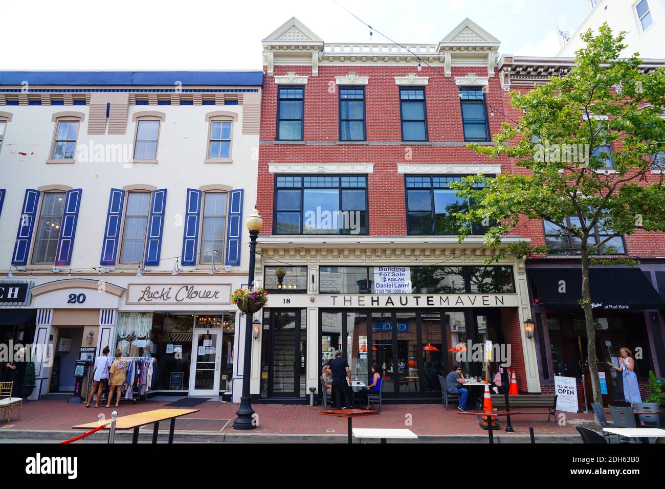 RED BANK, NJ –16 JUL 2020- View of downtown buildings on Broad Street ...