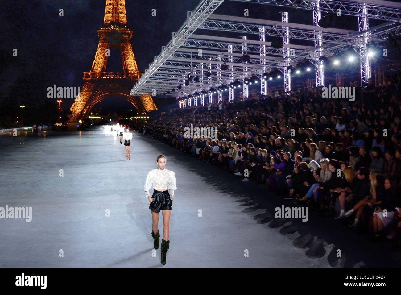 A model walks the runway during the Saint Laurent Fashion Show as part ...
