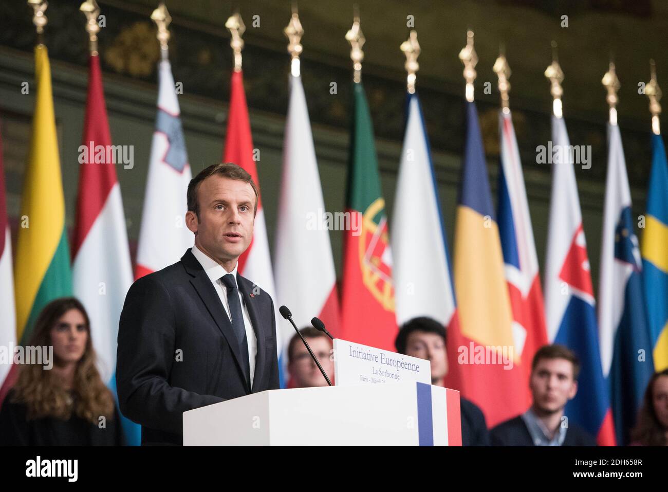 French President Emmanuel Macron gestures as he delivers a speech on ...