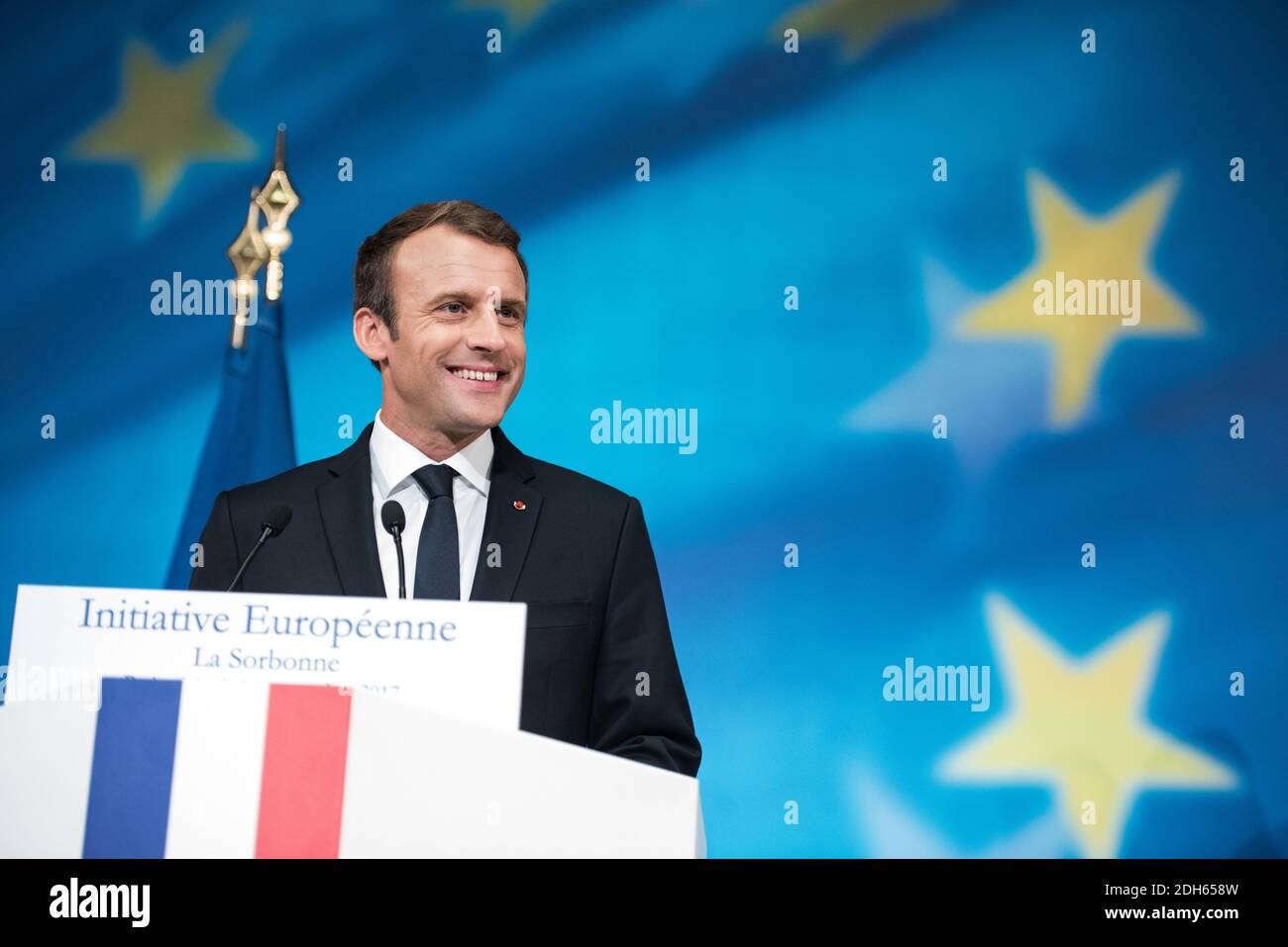 French President Emmanuel Macron gestures as he delivers a speech on ...