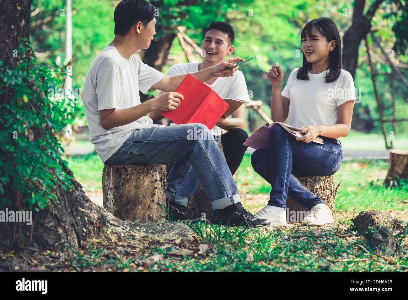 Team of young students studying in a group project in the park of ...