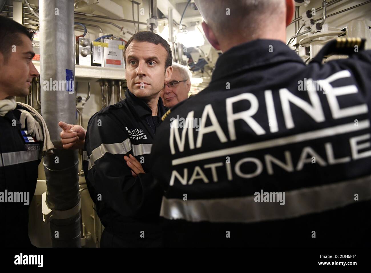 In this photograph taken at sea on July 4, 2017, French president ...