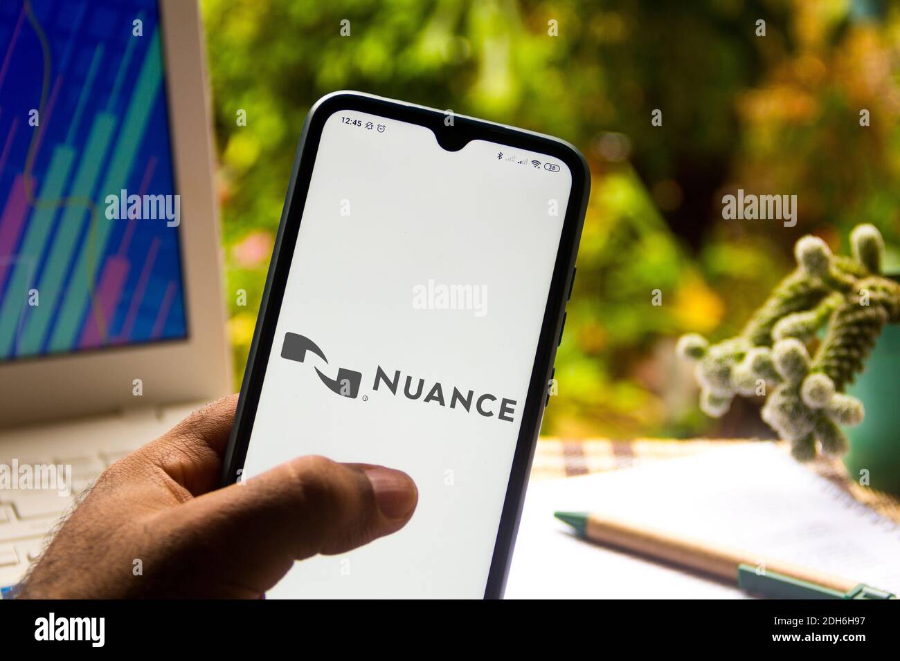 In this photo illustration the Nuance Communications logo seen ...